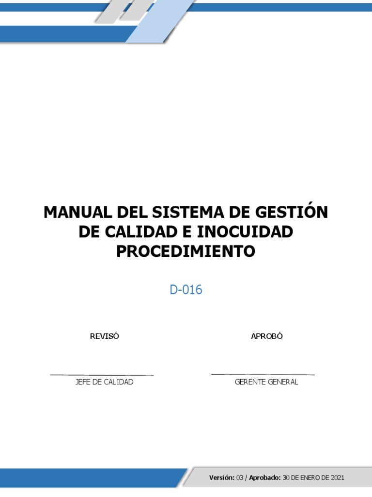 Manual Del Sistema de Gestión de Calidad E Inocuidad Procedimiento | PDF | Análisis de Riesgo y ...