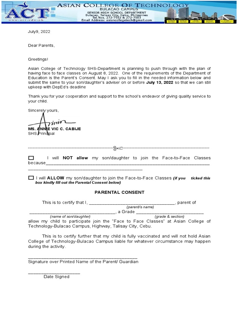 Parents Consent f2f Classes | PDF