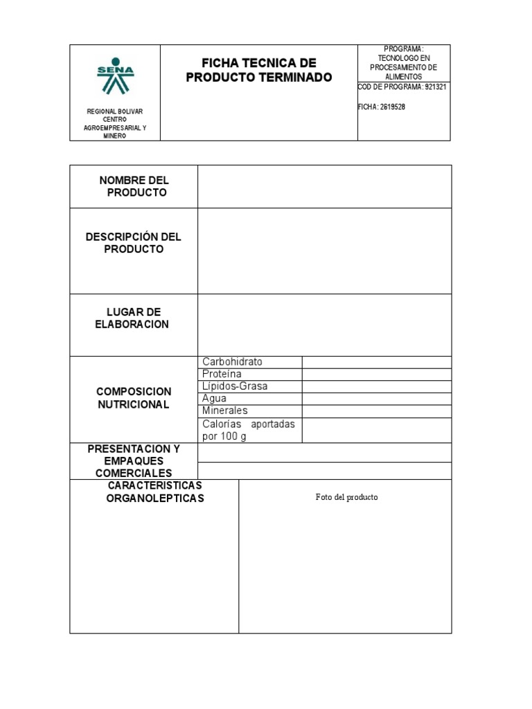 Formato Ficha Tecnica Producto Terminado | PDF | Alimentos | Química