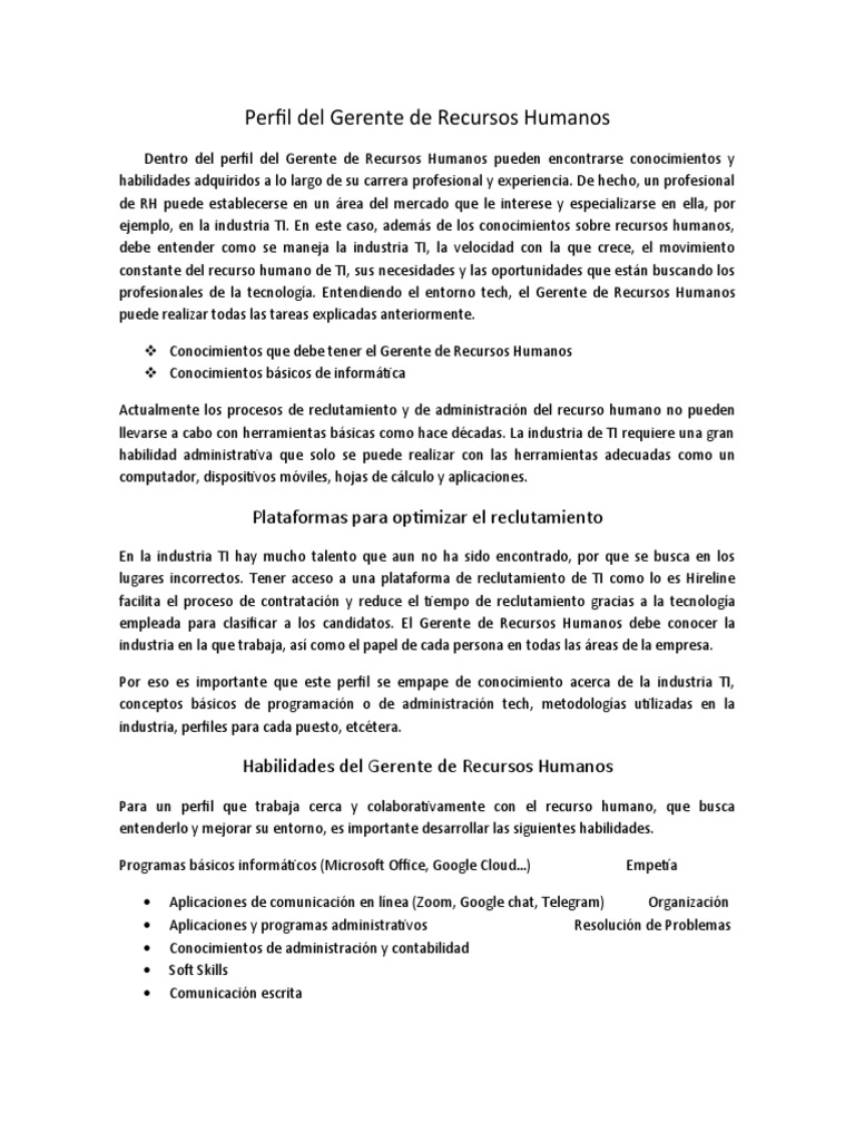 Perfil Del Gerente de Recursos Humanos | PDF | Gestión de recursos humanos | Reclutamiento