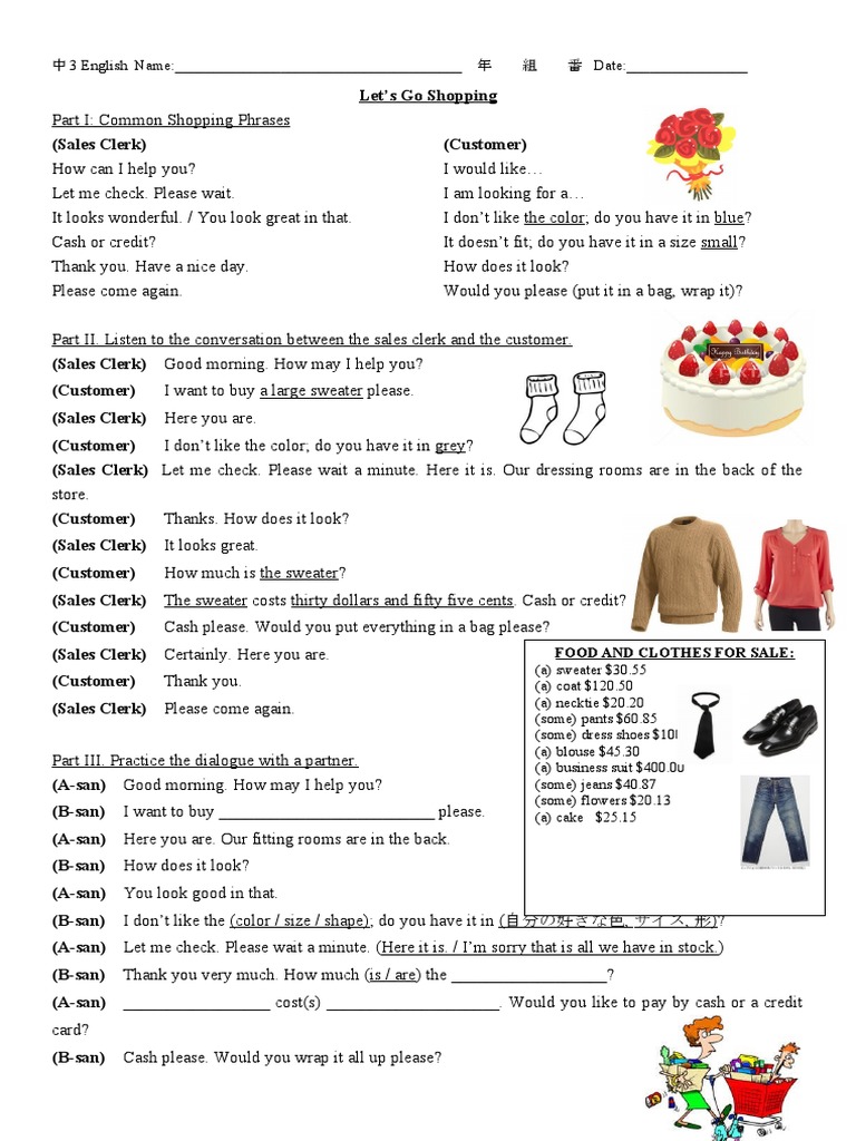 Lets Go Shopping Conversation Topics Dialogs - 115786 | PDF | Clothing ...