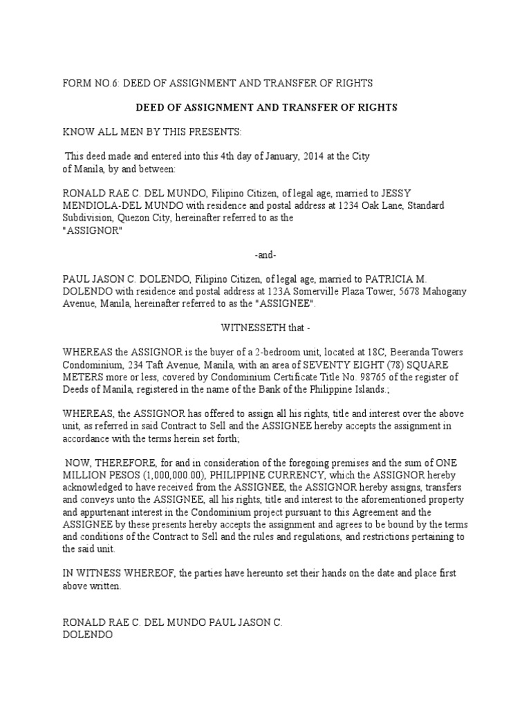 Deed of Assignment Format | PDF