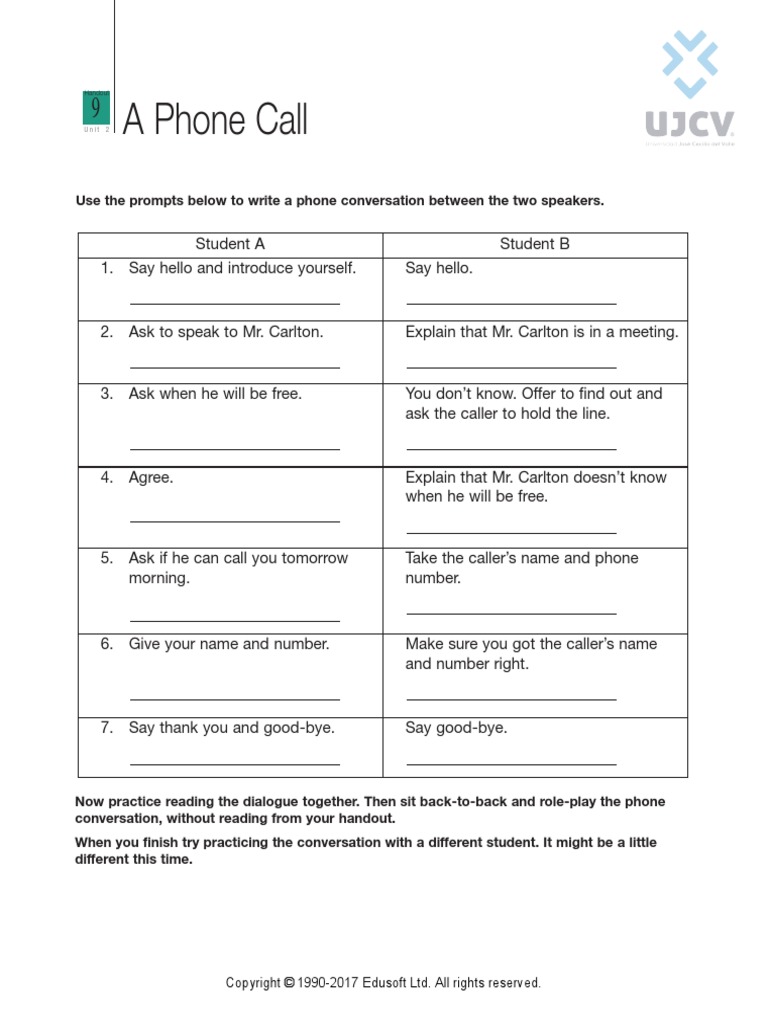 02 Basic 3 Handout Nro.9 Unit 2 A Phone Call | PDF