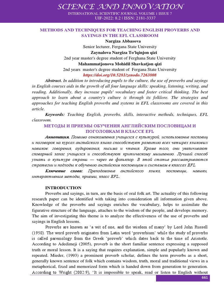 Methods and Techniques For Teaching English Proverbs and Sayings in The ...