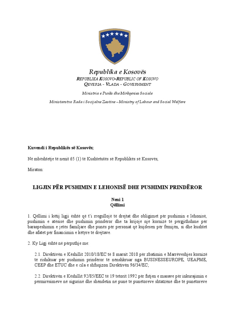 Projektligjit Per Pushimin e Lehonise Dhe Pushimit Prinderor SHQ03.10. ...