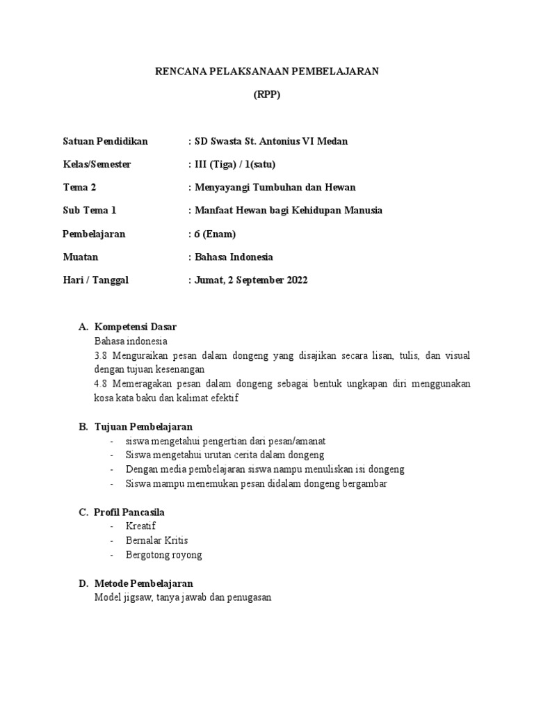 RPP Kelas 3 Bahasa Indo Pesan Dalam Dongeng | PDF | Karier & Perkembangan | Seni & Disiplin Bahasa