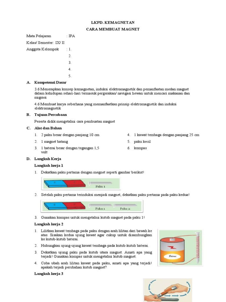 LKPD. Kemagnetan (Cara Membuat Magnet) Edit | PDF