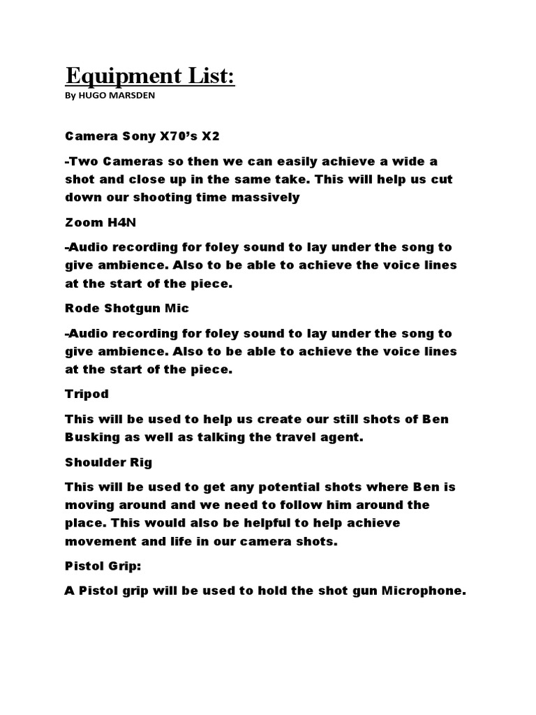 Video Production Equipment List | PDF