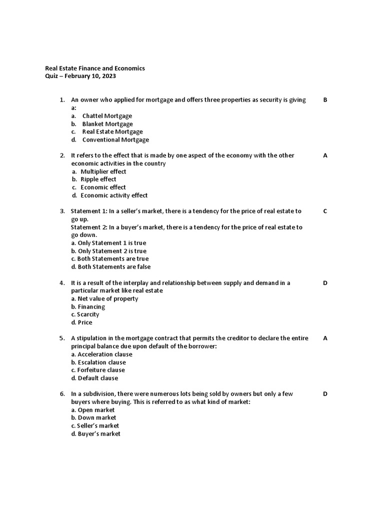 Real Estate Finance Quiz February 2023 | PDF | Mortgage Loan | Interest