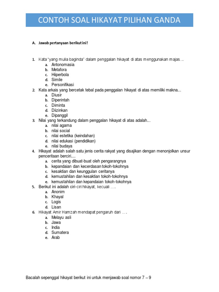 Contoh Soal Hikayat Pilihan Ganda | PDF