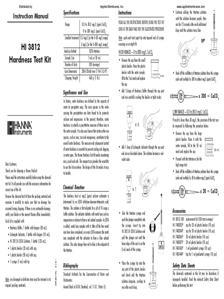 Hanna Hardness Test Kit Hi3812 Manual | PDF ...