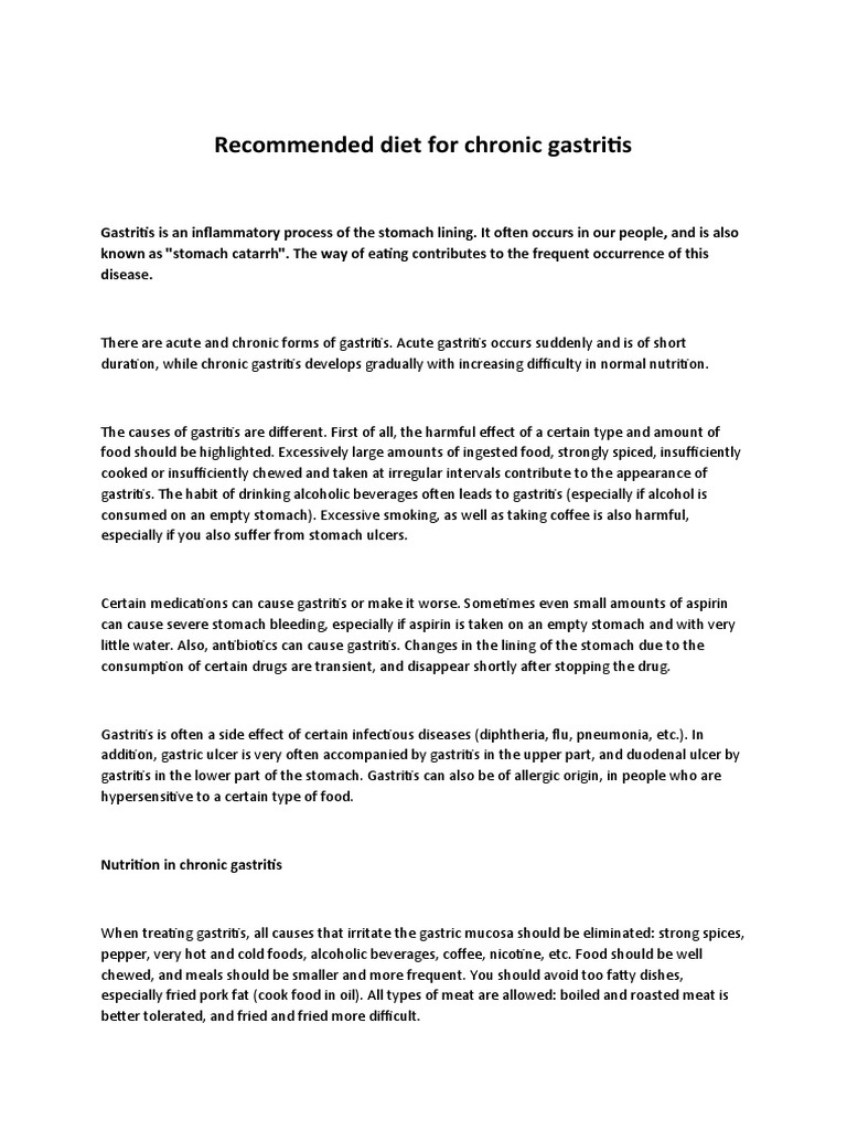 Recommended Diet For Chronic Gastritis | PDF