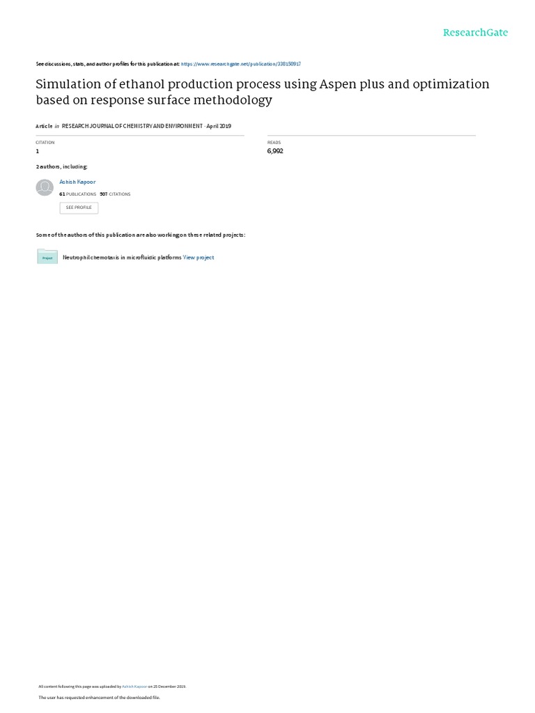 Simulation of Ethanol Production Process Using Aspen Plus and Optimization Based On Response ...