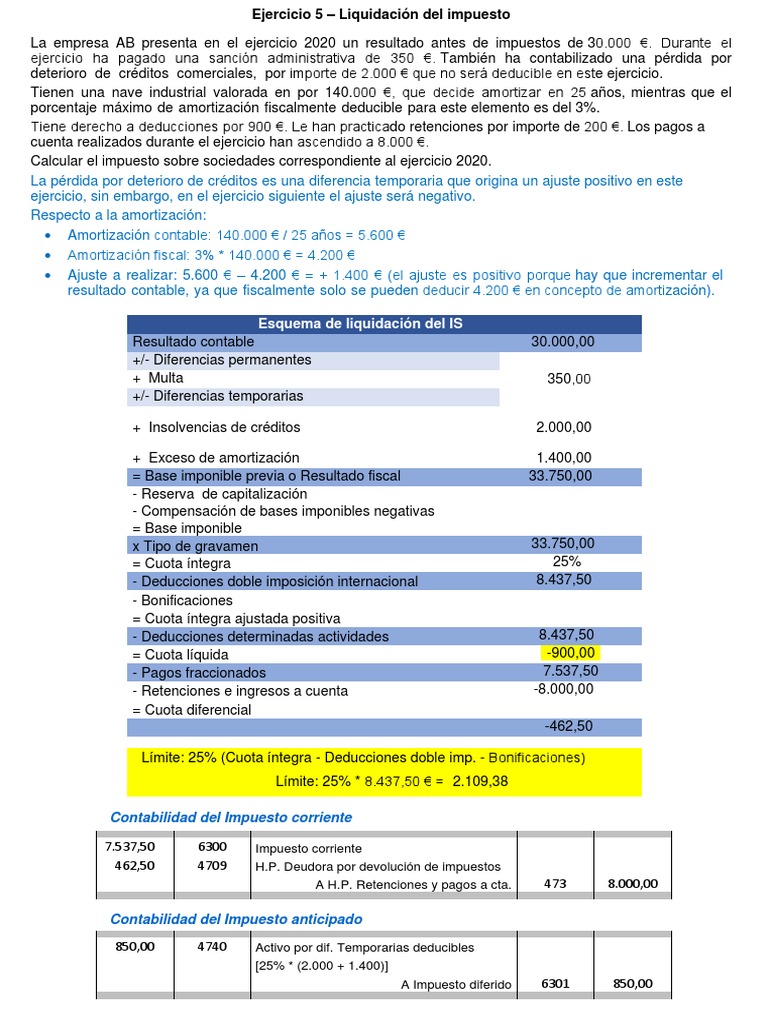 COFI - 02 Ejercicio 5 Liquidación Impuesto IS | PDF | Contabilidad | Impuestos