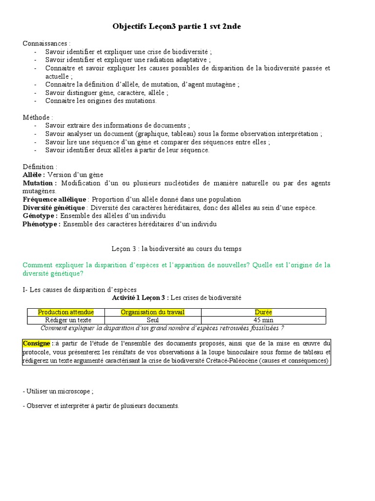 Objectifs Évaluation 4 Partie 1 SVT 2nde | PDF