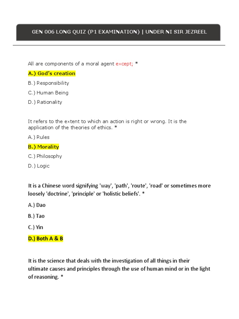 Gen 006 Long Quiz P1 Examination | PDF