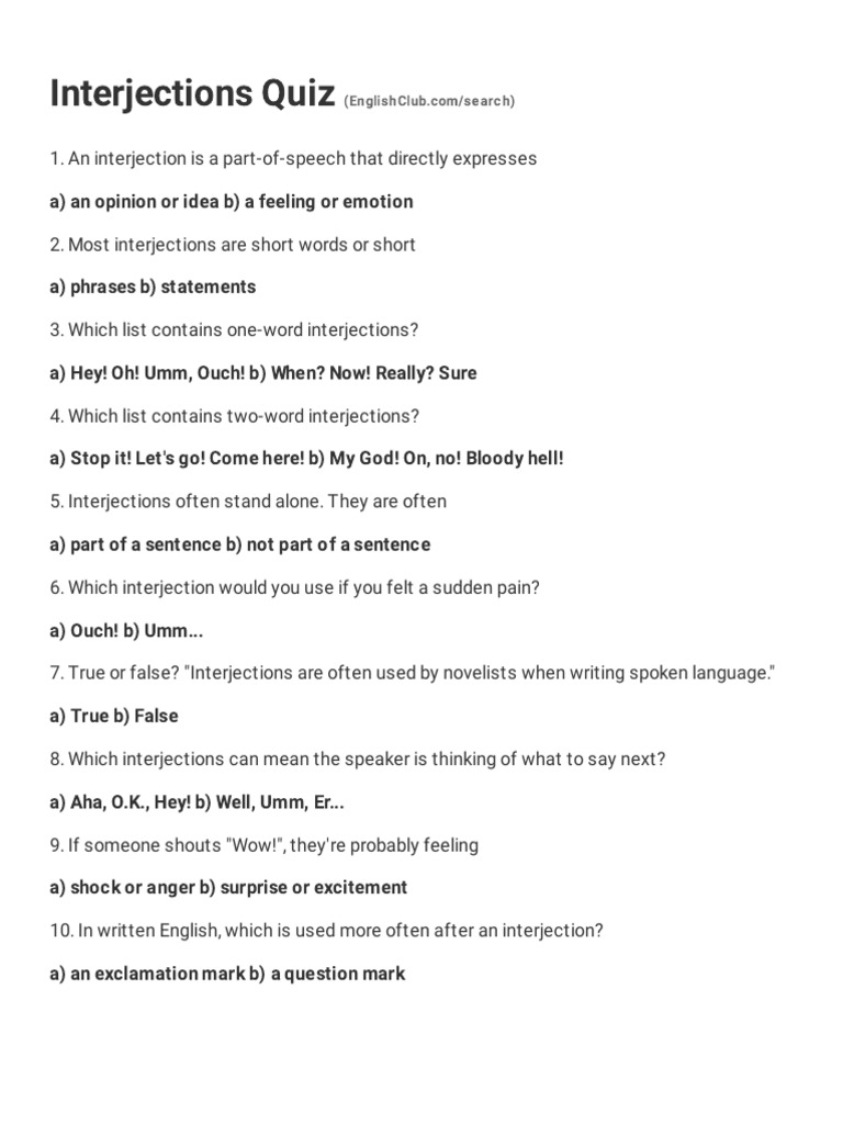 Interjections Quiz Overview | PDF