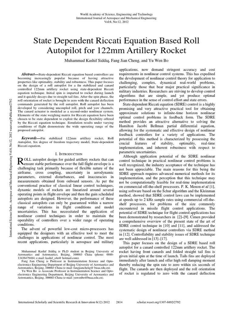 State Dependent Riccati Equation Based Roll Autopilot For 122mm Artillery Rocket | PDF ...
