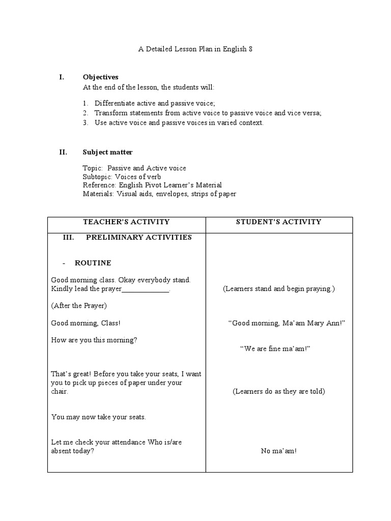 Active and Passive Voice Detailed Lesson Plan | PDF