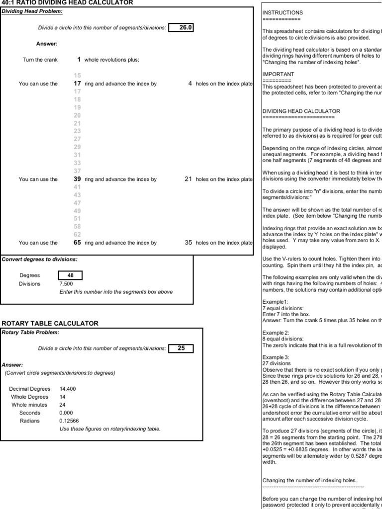 Dividing Head Calculator 40 To 1 Ratio | PDF | Spreadsheet | Database Index