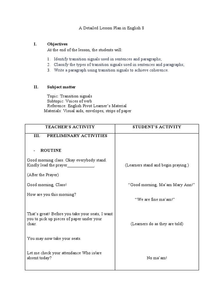 Transition Signals Detailed Lesson Plan | PDF | Verb | Subject (Grammar)