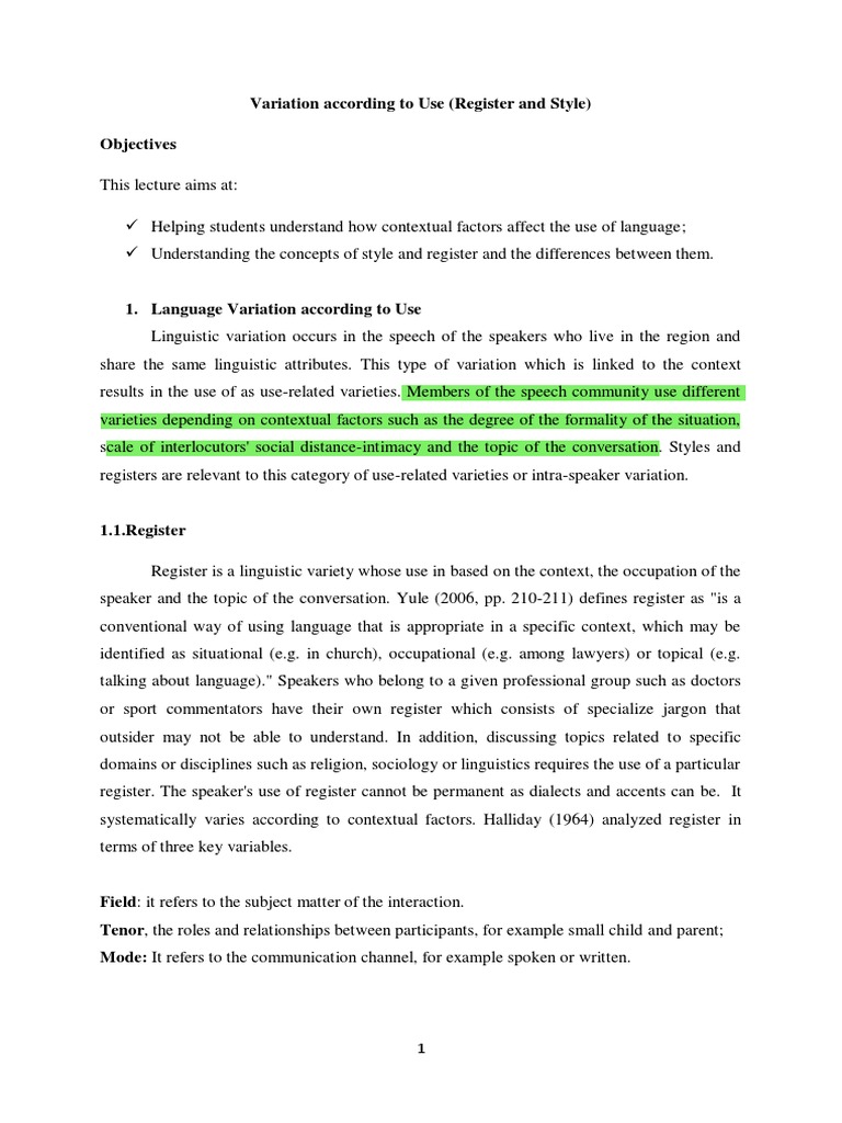 Variation According To Use (Style and Register) | PDF | Linguistics ...