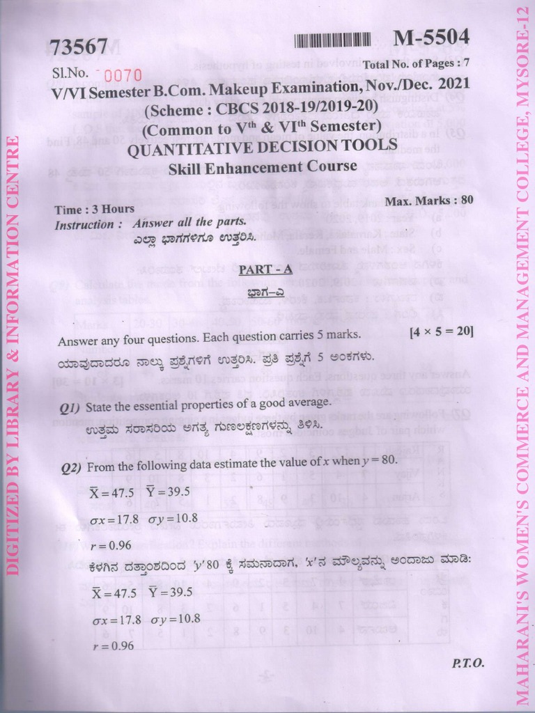 5th & 6th Bcom Nov-Dec-2021 Quantitative Decision Tools M-5504 - Compressed | PDF