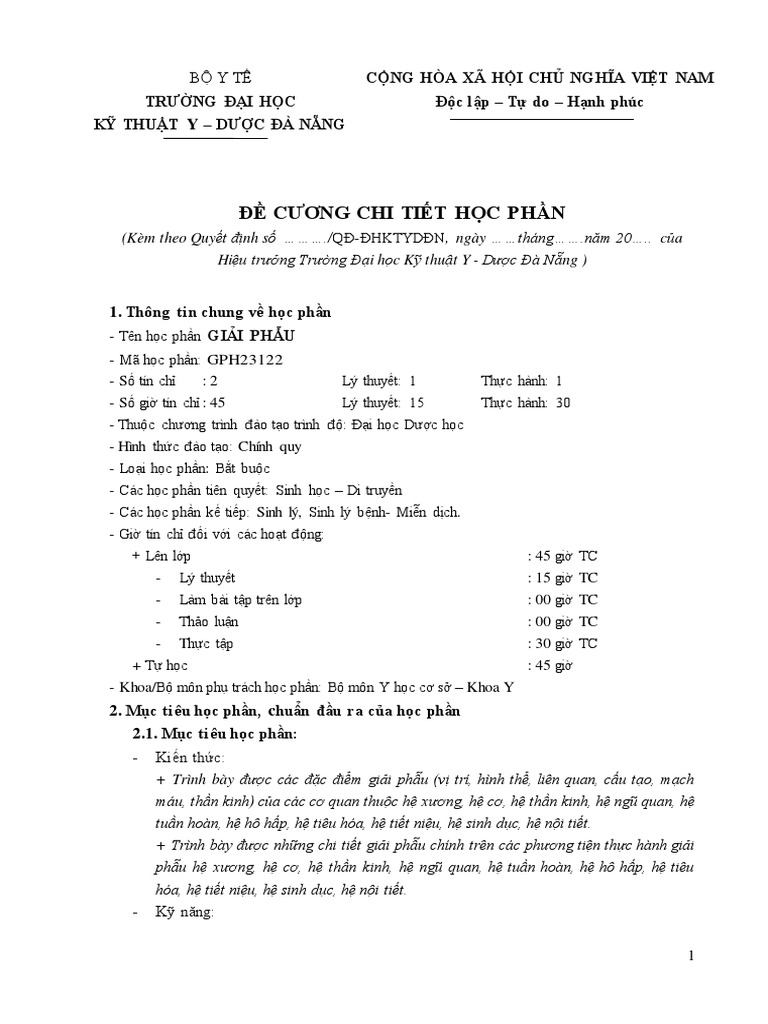 De Cuong Chi Tiet Giai Phau - 2020 | PDF