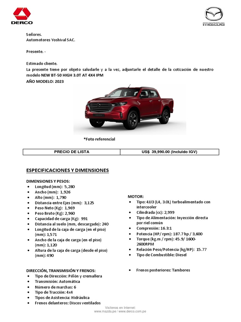 Cotizacion Mazda BT 50 High at 4X4 Automotores Yoshival | PDF | Tracción en las cuatro ruedas ...