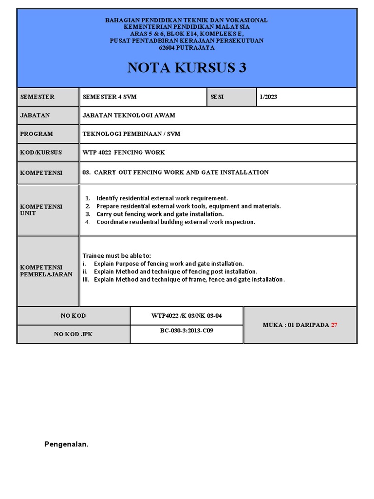 Nota Kursus Fencing K3 | PDF