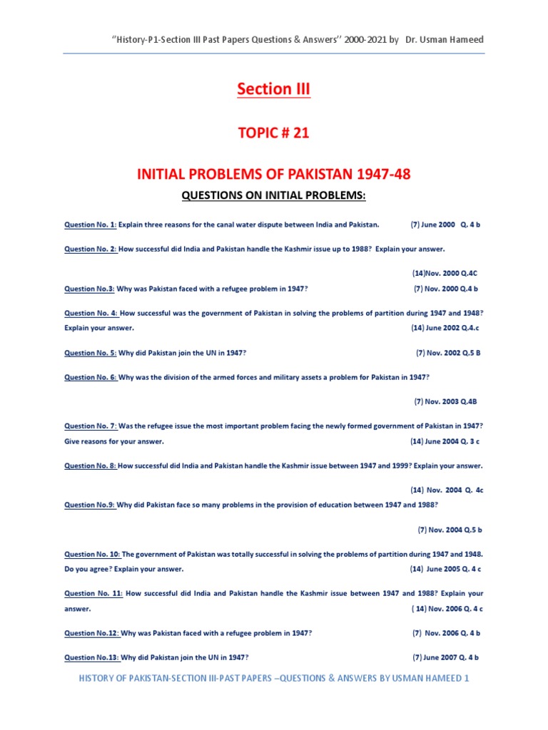 Pakistan History Past Papers 2000-2021 | PDF | Pakistan | Partition Of ...