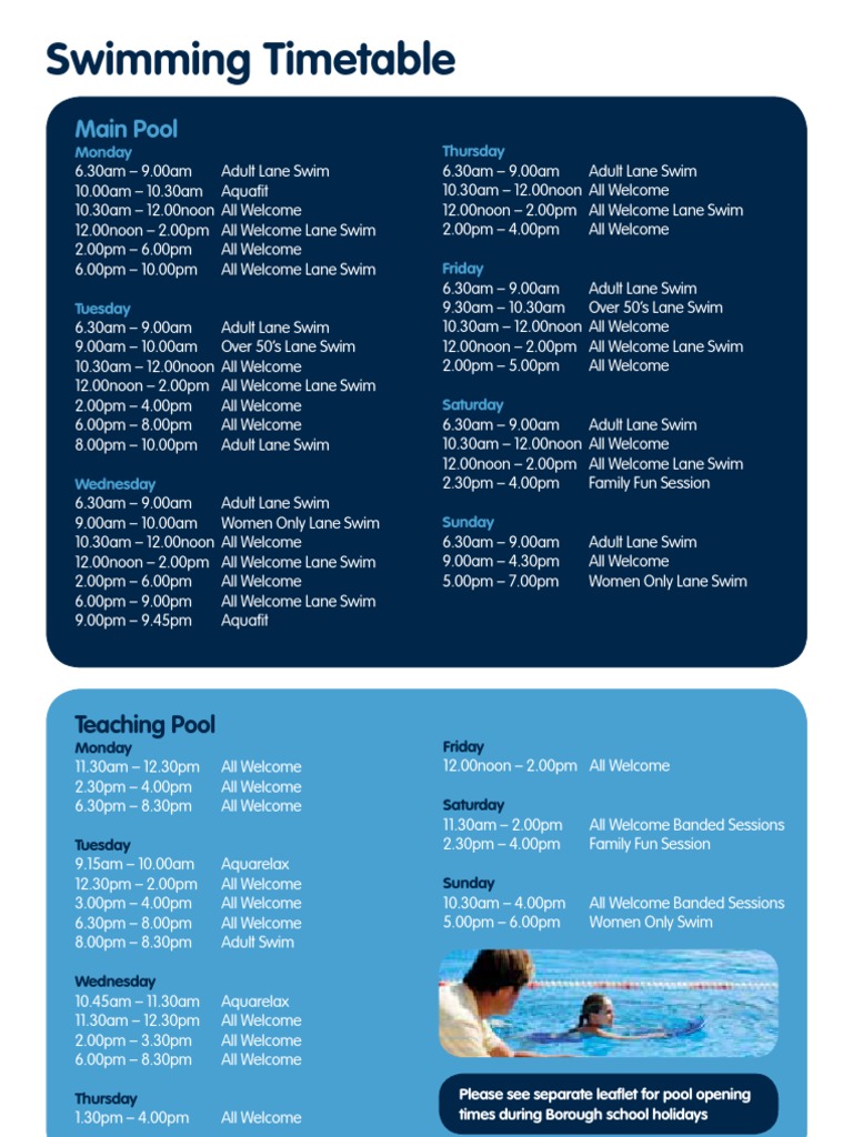 Comprehensive Swimming Pool Timetable for the Malden Centre Detailing ...