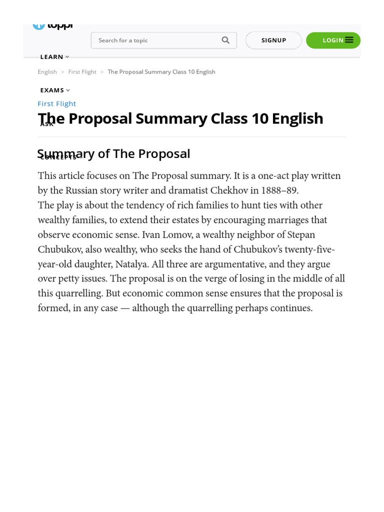The Proposal Summary Class 10 English - First Flight | PDF ...
