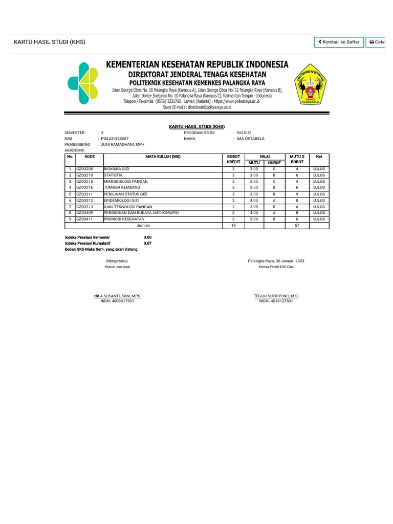 Kartu Hasil Studi (KHS) | PDF