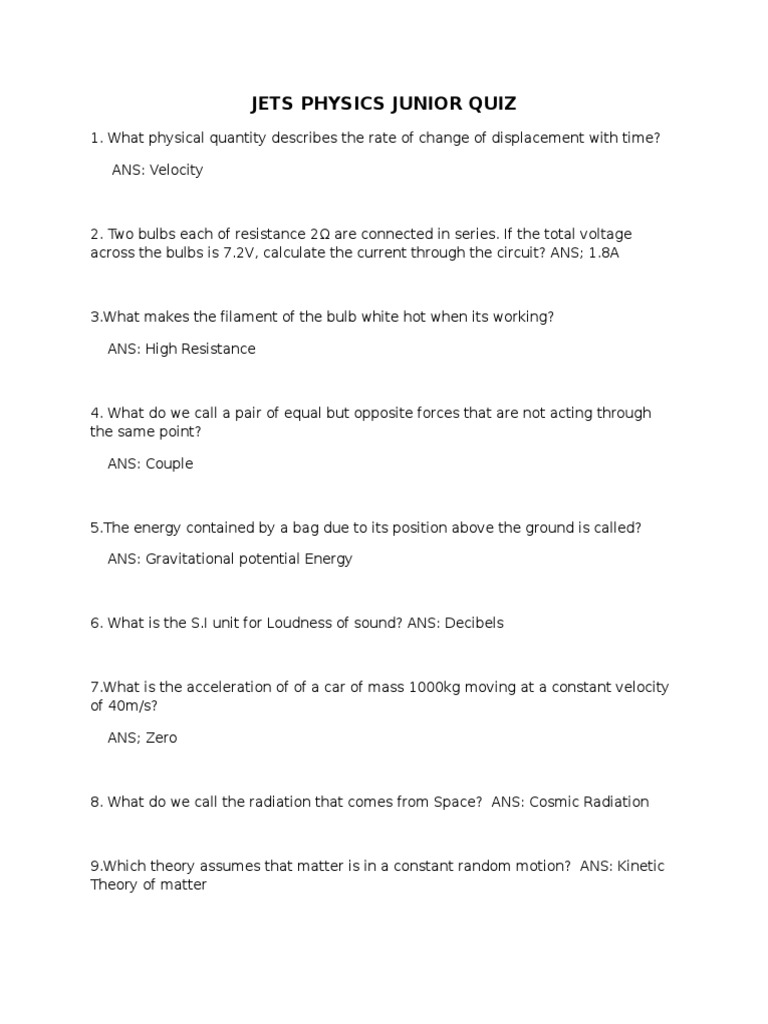 Physics Junior Quiz | PDF | Force | Light