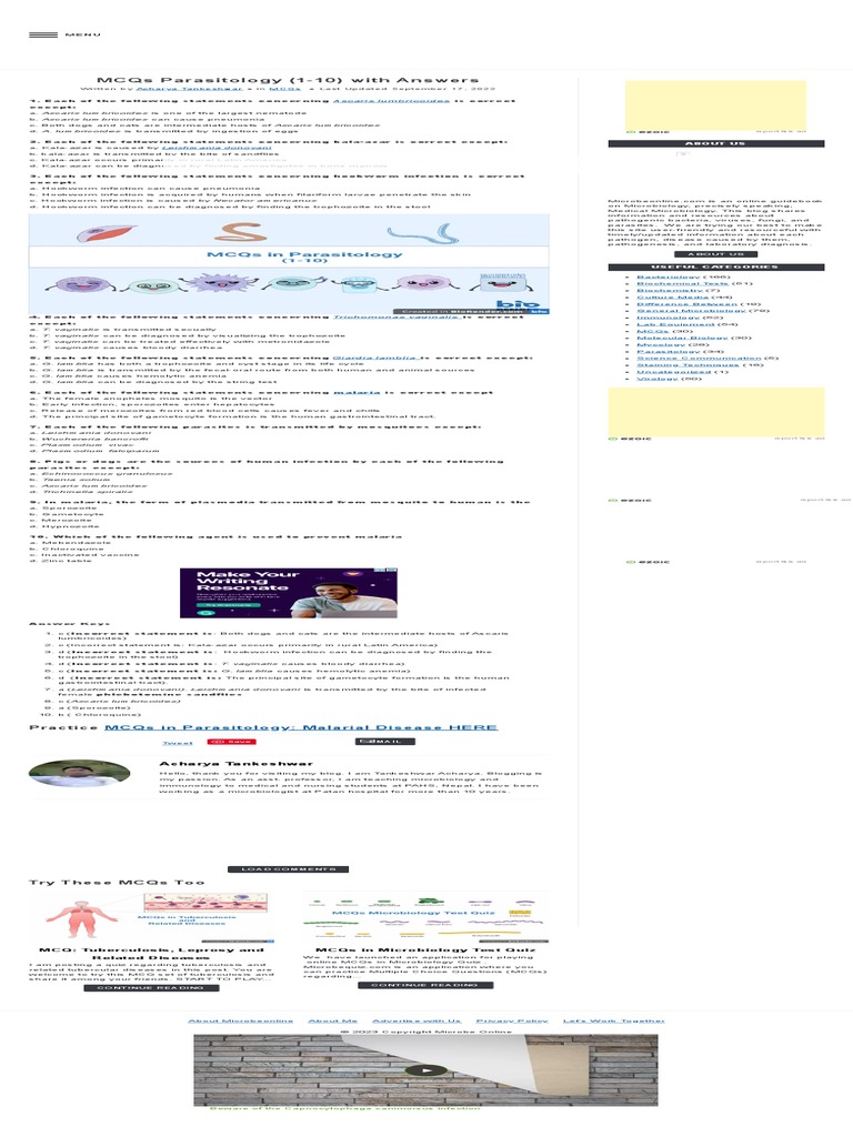 MCQs Parasitology (1-10) With Answers - Microbe Online | PDF ...