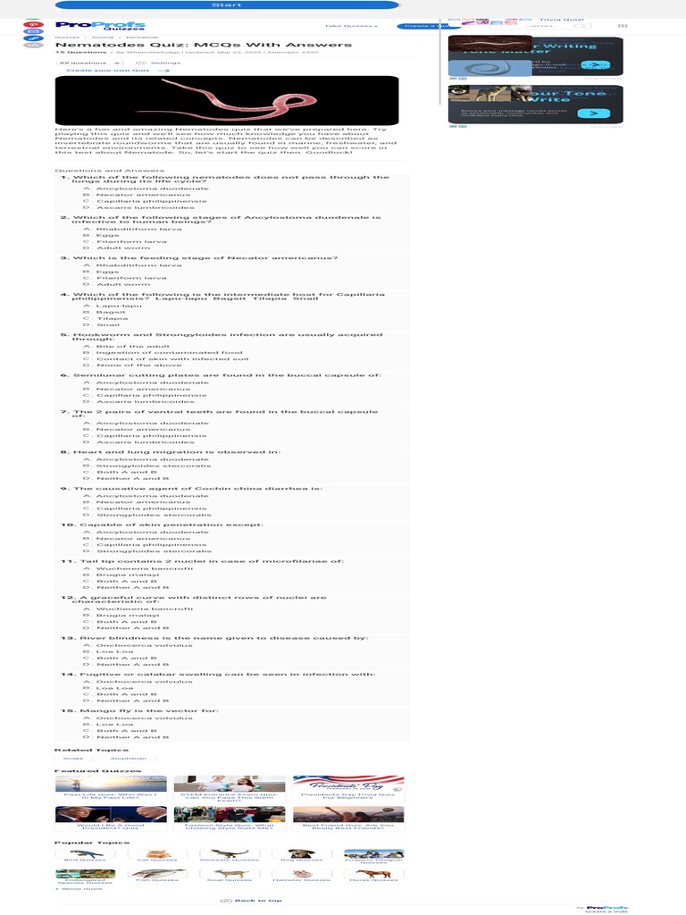 Nematodes Quiz - MCQs With Answers - ProProfs Quiz | PDF | Nematode | Parasitology