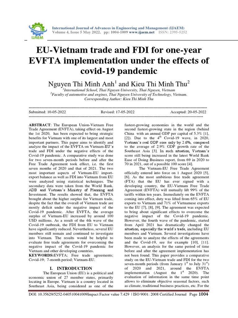 EU Vietnam Trade and FDI For One Year EVFTA Implementation Under The Effects of Covid 19 ...