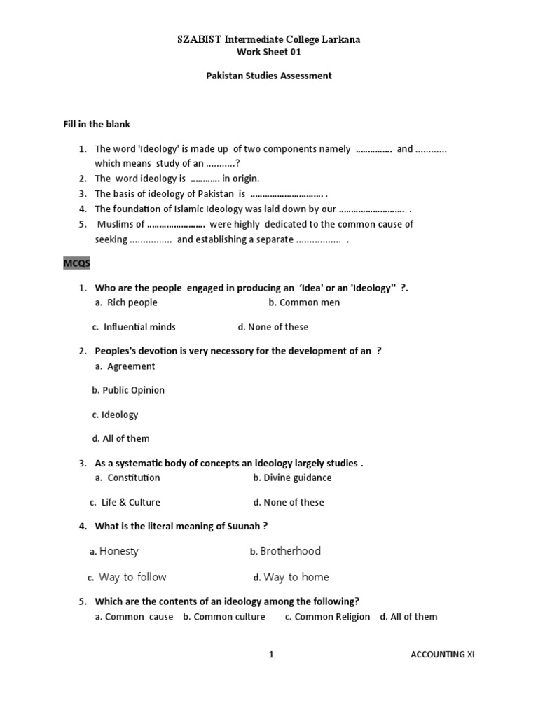 Pakistan Studies (X) Worksheet 1 by Imran Ali | PDF