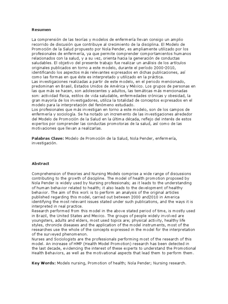 Modelo de La Promocion de La Salud Teoria de Nola J. Pender | PDF ...