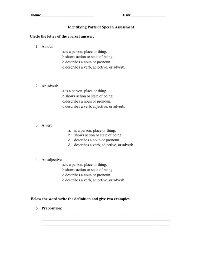 Parts of Speech Quiz & Answers | PDF | Language Arts & Discipline