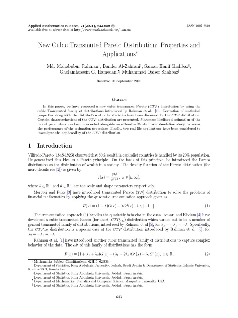 New Cubic Transmuted Pareto Distribution - Properties and Applications | PDF