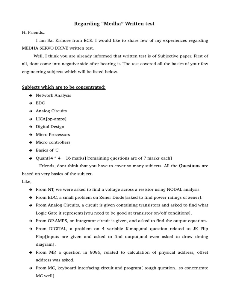 Medha Servo Drives Written Exam Pattern Given by KV Sai KIshore (BVRIT-2005-09-ECE) | PDF ...