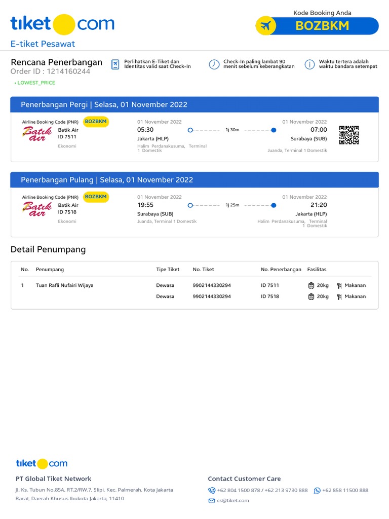 E-Tiket Pesawat - Order ID - 1214160244 - QVFICJ | PDF