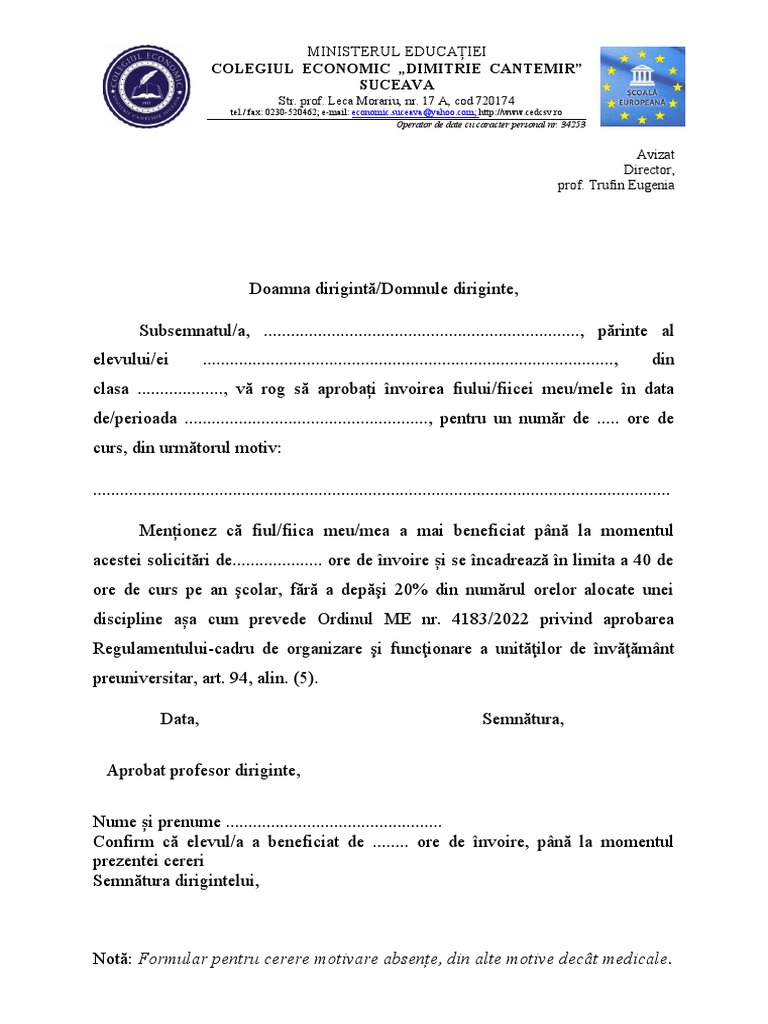 Cerere Invoire Elevi | PDF