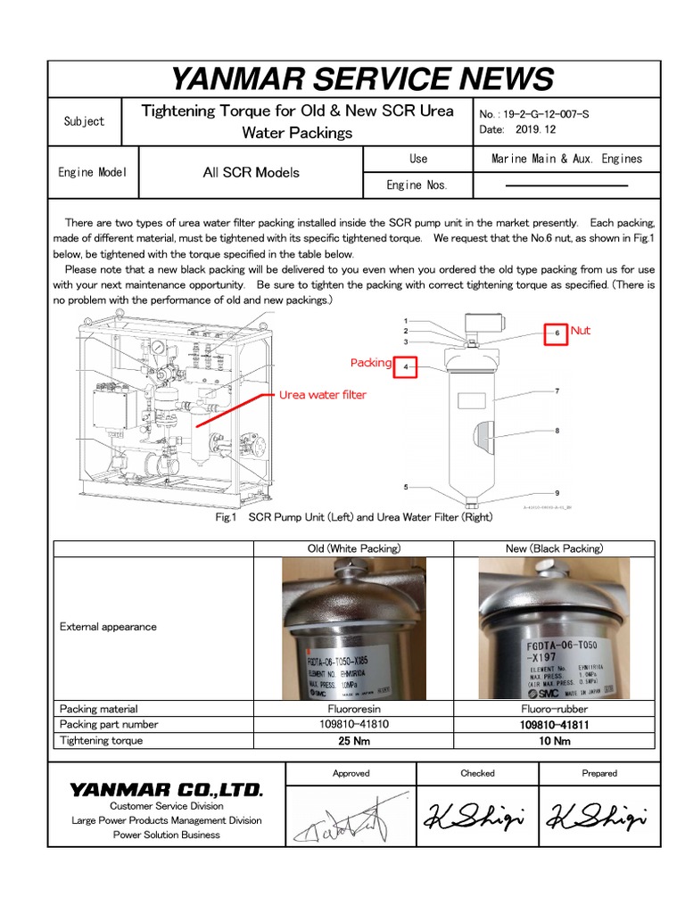 19-007E Tightening Torque For Old & New SCR Urea Water Packings | PDF