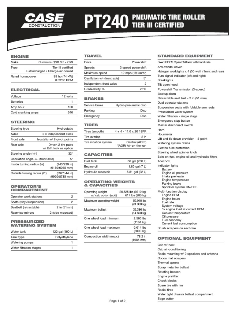 PT240 Hoja de Especificaciones | PDF | Horsepower | Axle