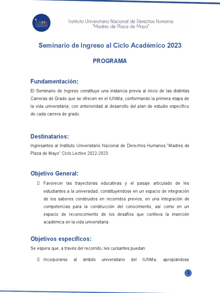 Programa Seminario de Ingreso 2023-Revisado | PDF
