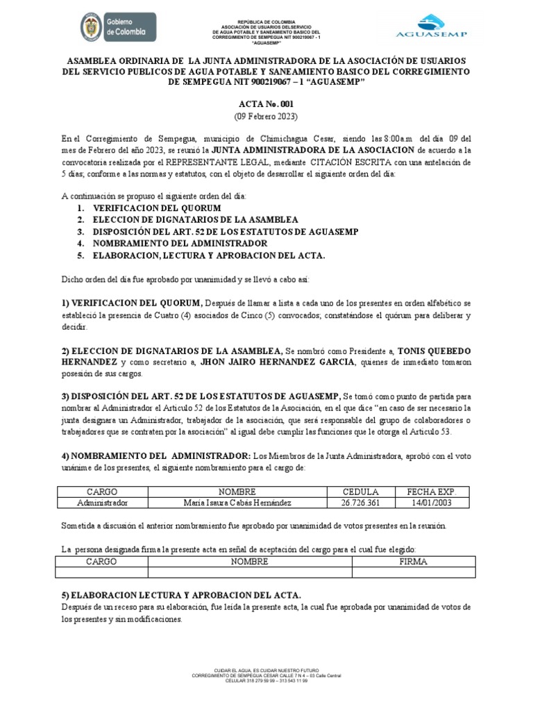 Acta de Nombramiento Administrador | Descargar gratis PDF | Gobierno