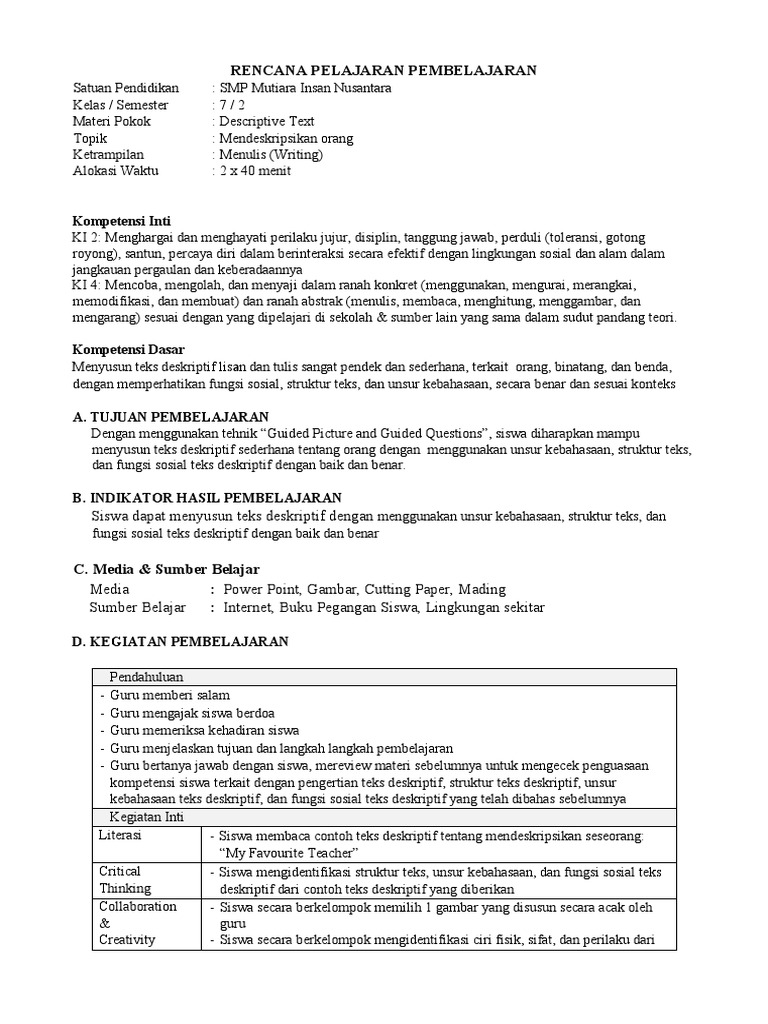 RPP Descriptive Text KLS 7 | PDF | Seni | Sains & Matematika
